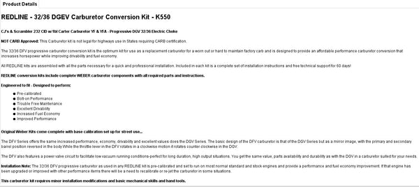 JEEP CJ, Scrambler REDLINE Weber K550, Carburetor Kit 232 ci with 1bl ...