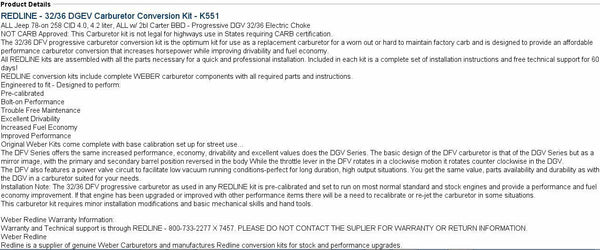 JEEP CJ7 Wrangler Cherokee REDLINE K 551 WEBER Carburetor Kit SALE ...