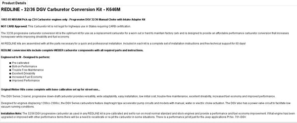 Weber Carb Conversion fits Nissan Pickup 1983-1985 Z24 -K 646 ELECTRIC ...